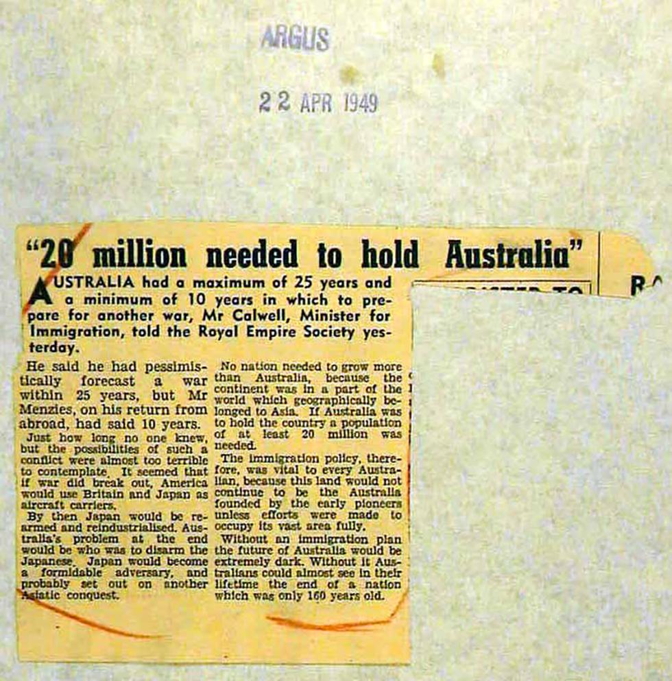 Newspaper article promoting immigration for national security | naa.gov.au