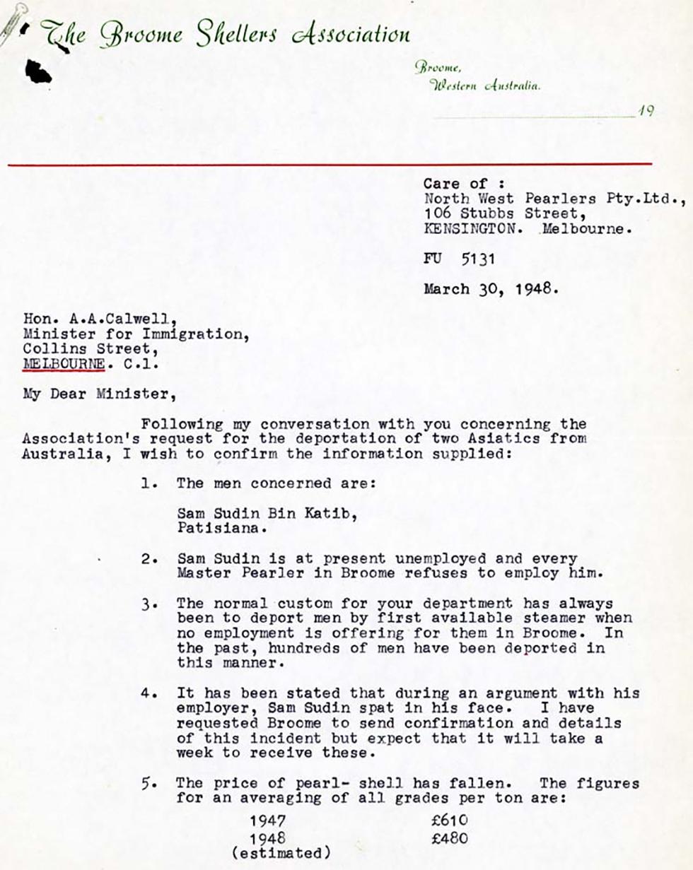 Deportation of Muslim pearl divers - letter to Minister for Immigration ...