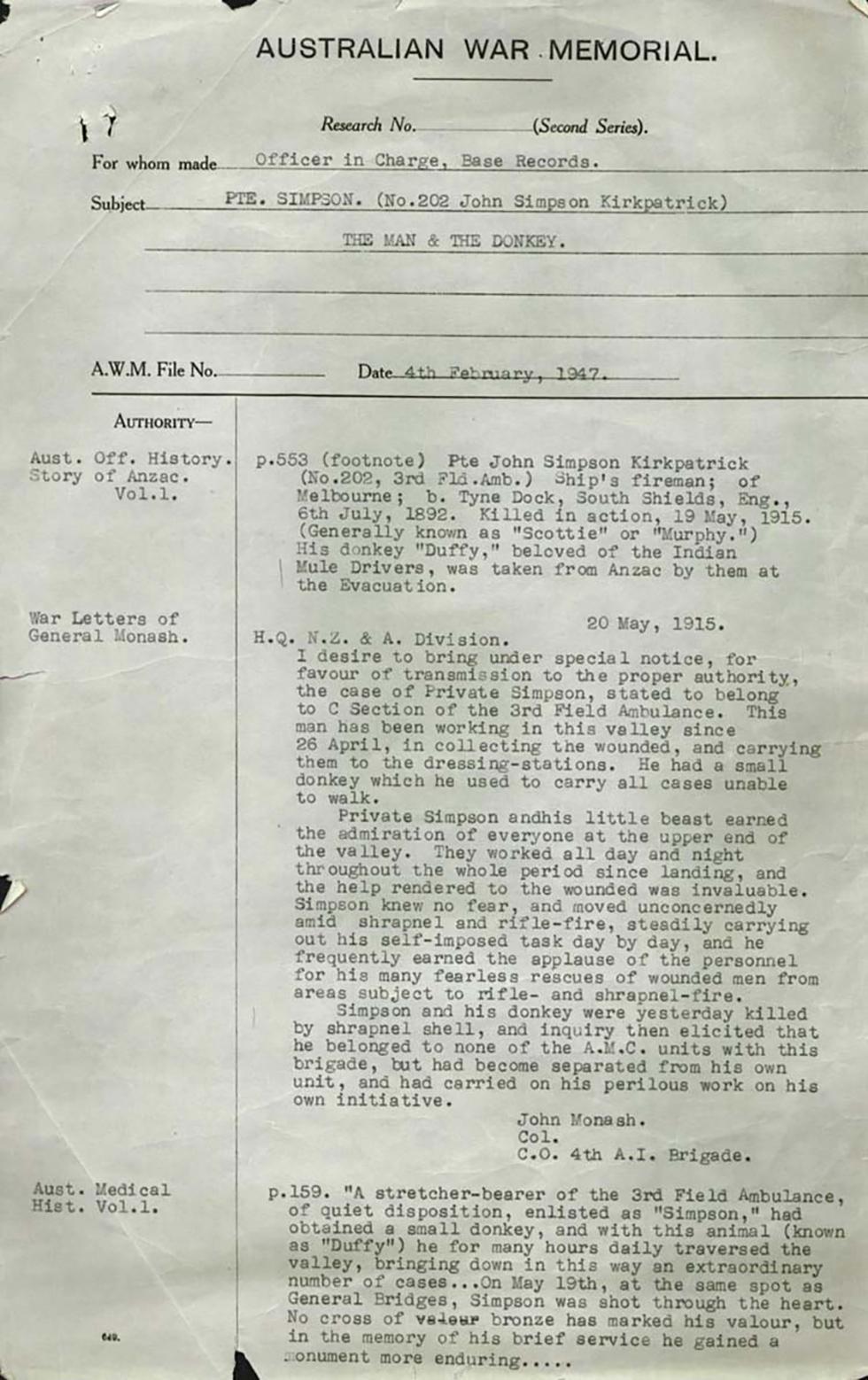 Research report on John Simpson Kirkpatrick | naa.gov.au