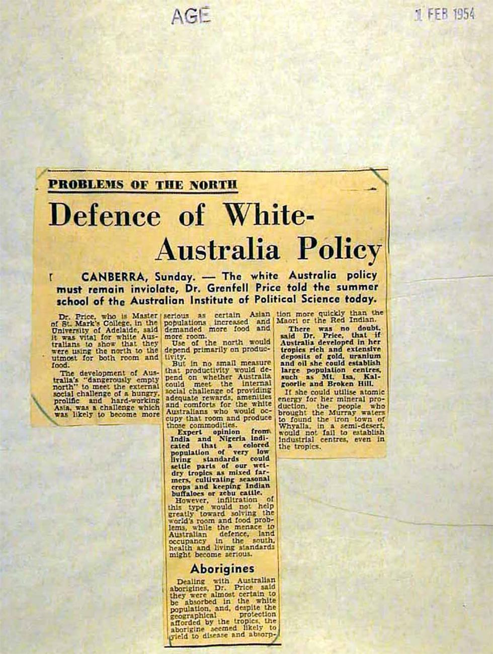 Defence of White Australia policy by academic Dr Grenfell Price | naa ...